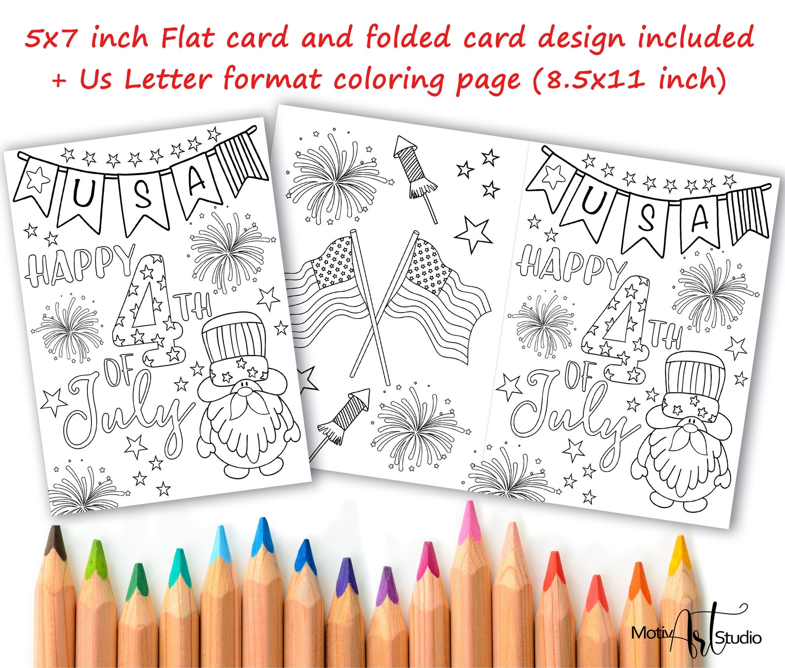 Printable 4th of July Gnome Coloring Card and Coloring Page - Etsy