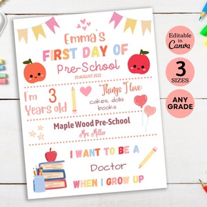Editable First Day of School Template for Girls. Back to School Sign ...