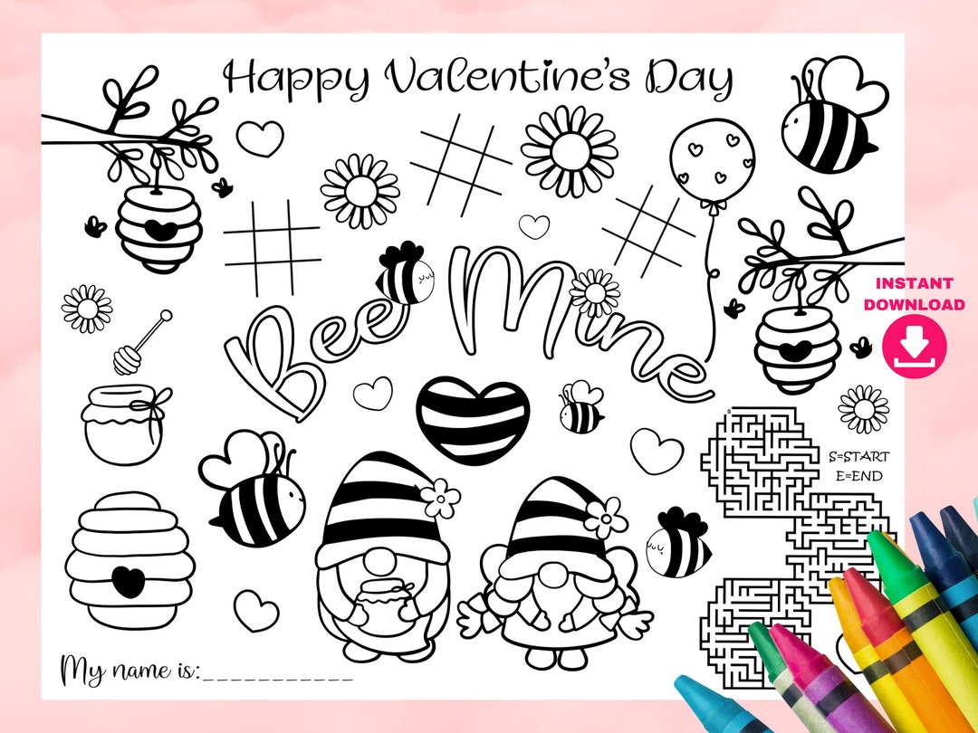 Bee Mine Valentine's Day Coloring Placemat for Kids. Printable ...