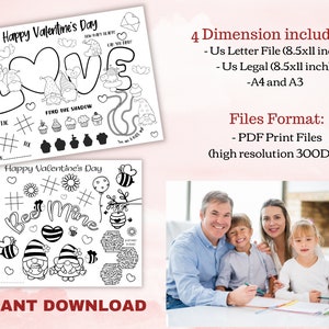 Valentine's Day Kids Coloring Placemats Pack of 5. Printable Activity ...