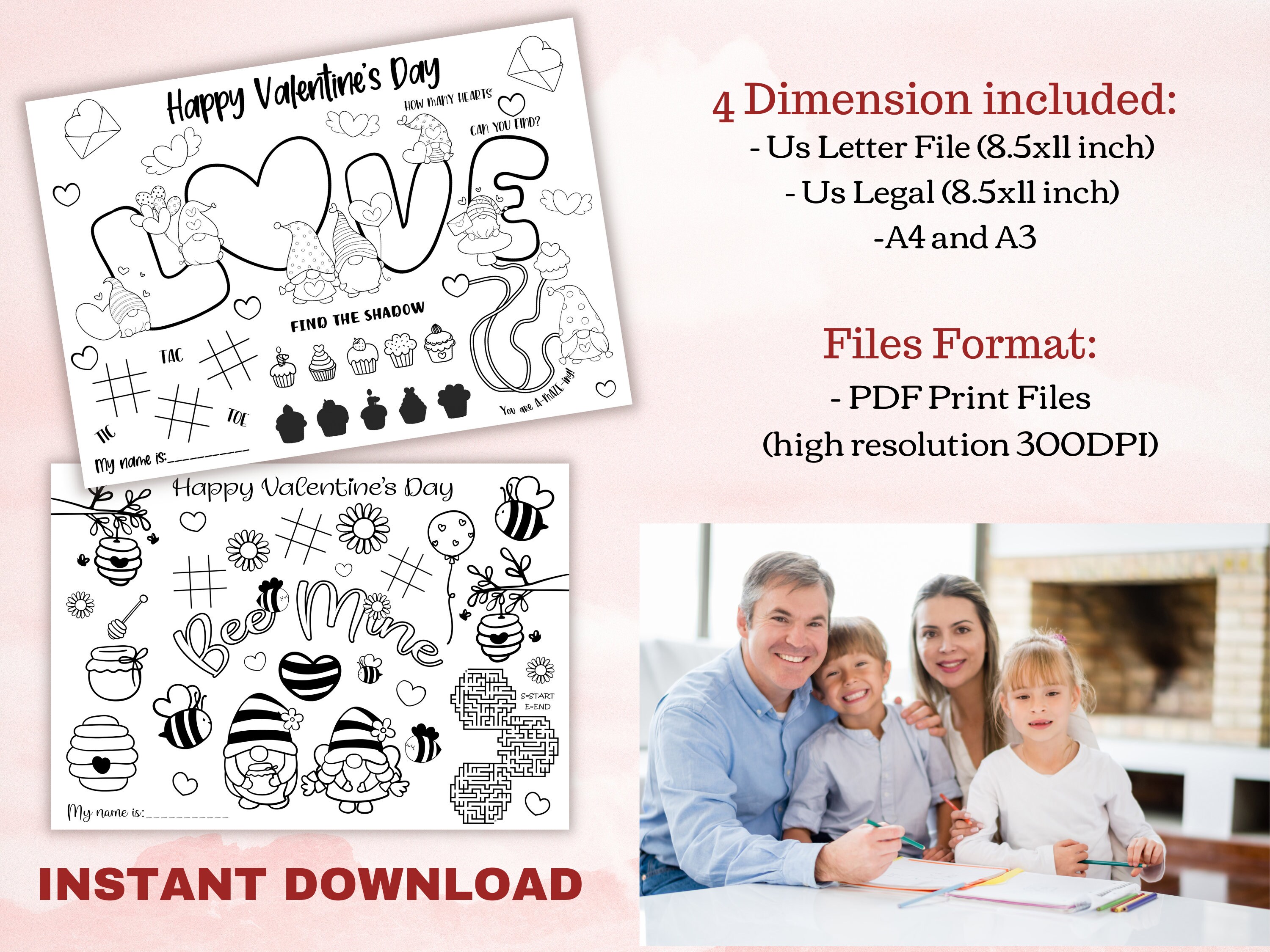 Valentine's Day Kids Coloring Placemats Pack of 5. | Etsy