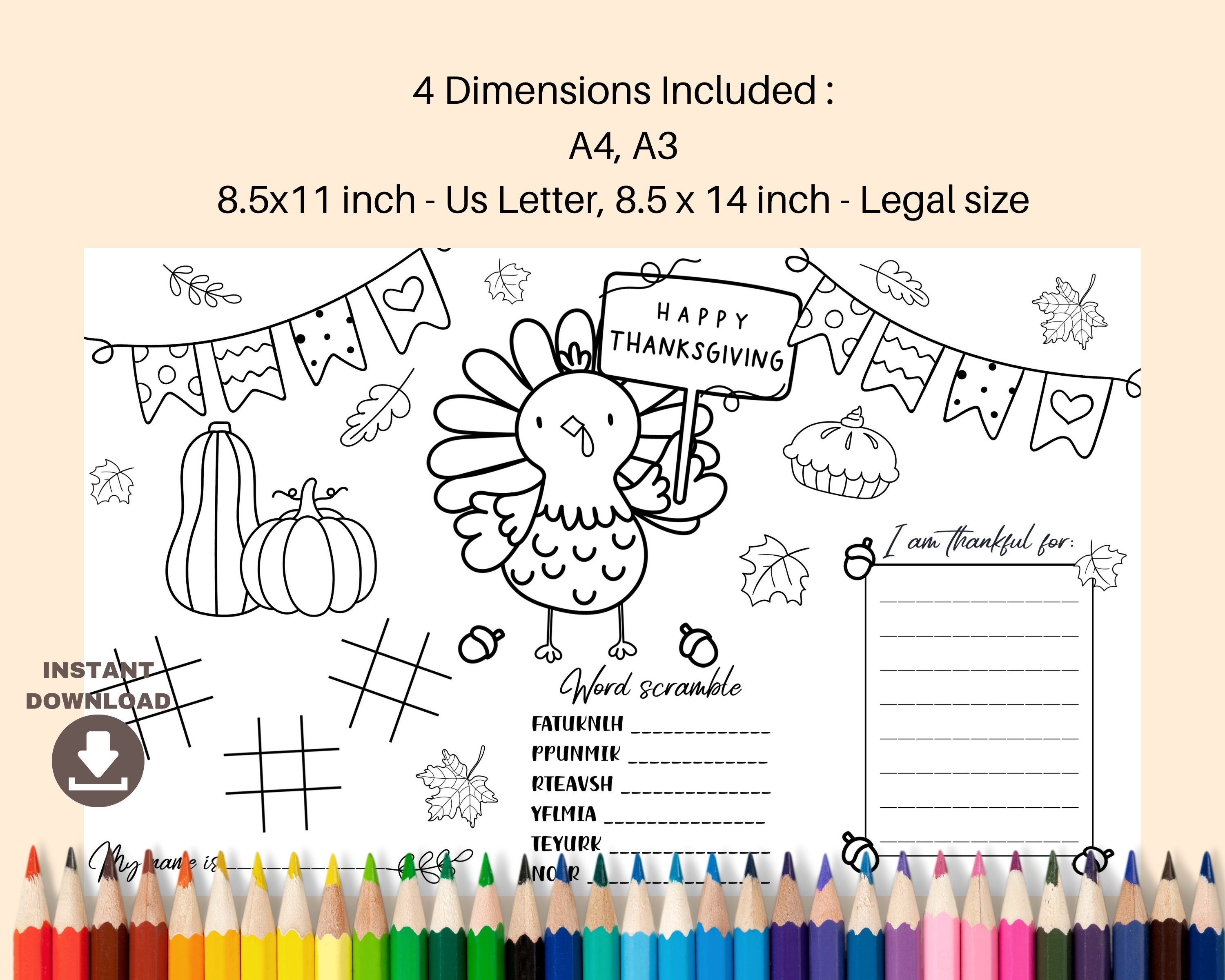 Thanksgiving Kids Coloring Placemats Pack of 5. Printable - Etsy