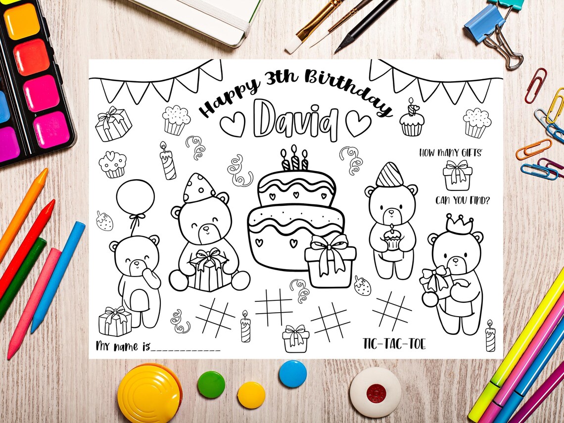 Personalized Teddy Bear Coloring Placemat for Kids Birthday - Etsy