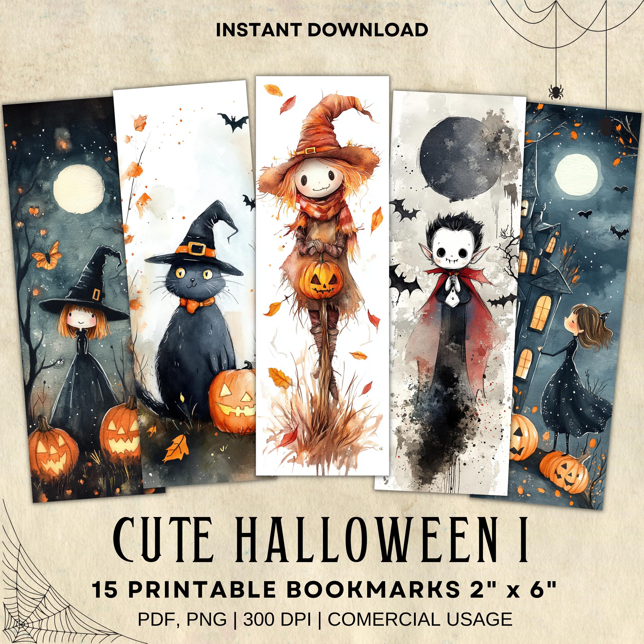 Cute Halloween Bookmarks Set, Watercolor Style (PDF & PNG) - Etsy