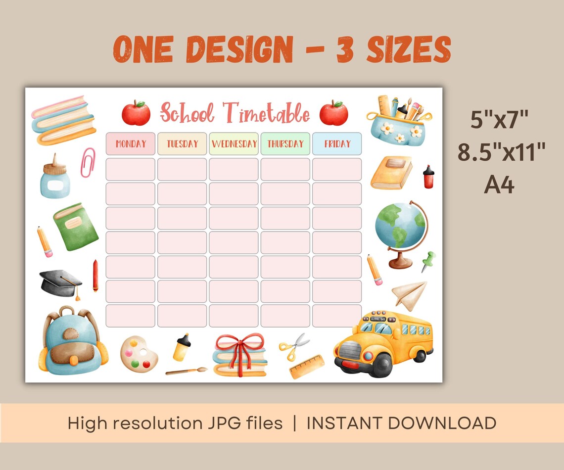 Printable School Timetable Instant Download. Back to School - Etsy