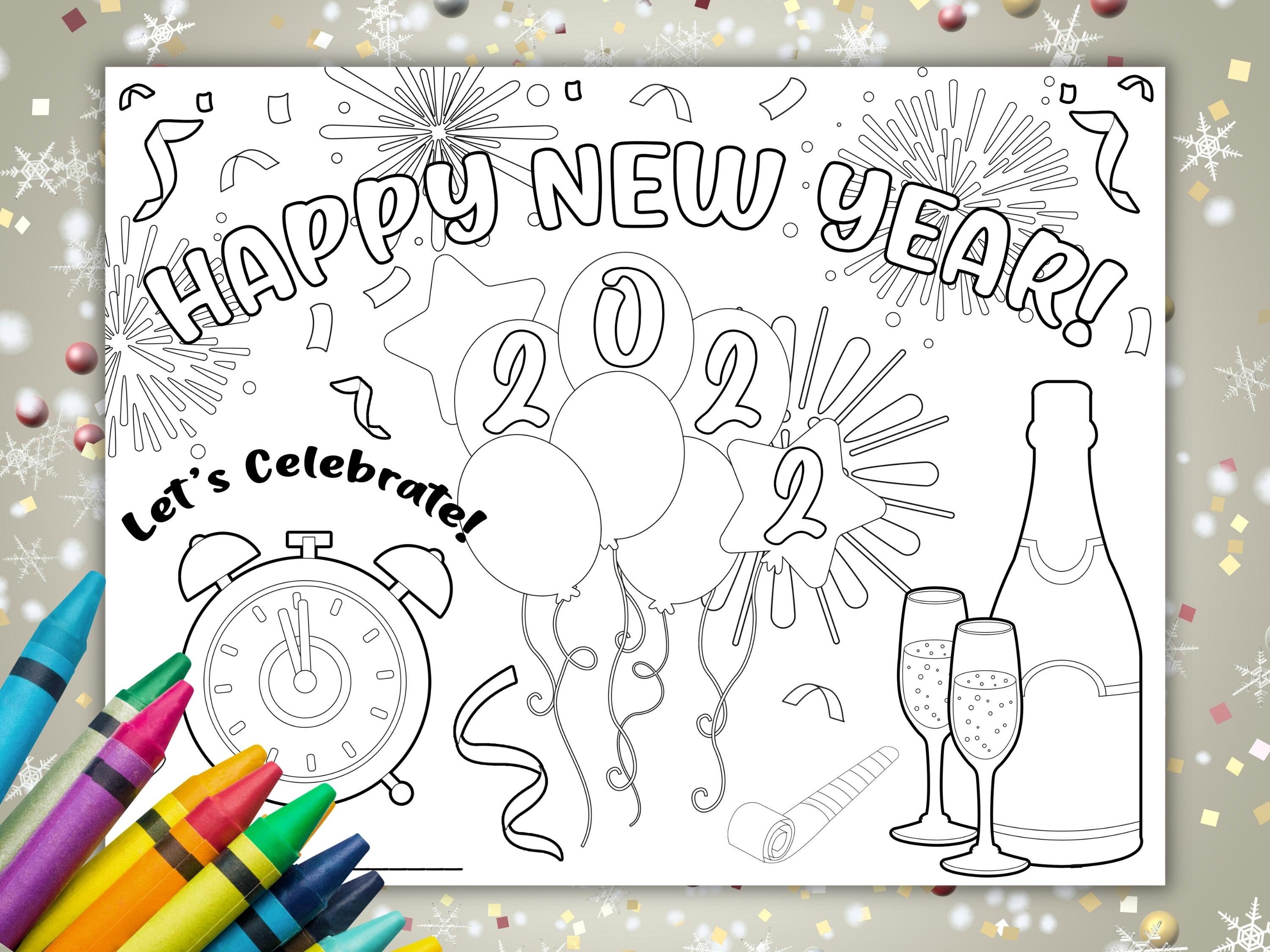 Happy New Year Coloring Placemat for Kids New Year's Eve | Etsy