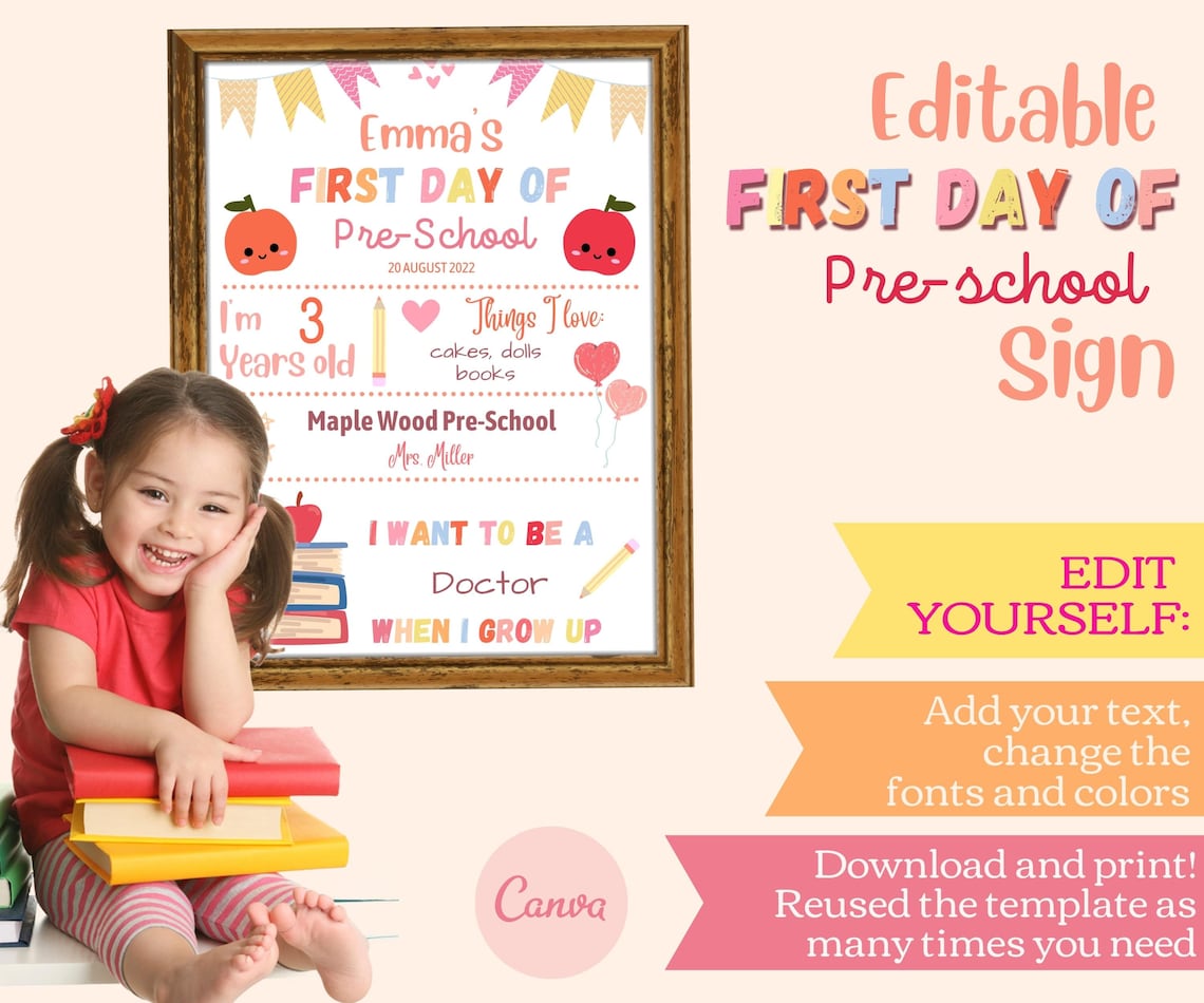 Editable First Day of School Template for Girls. Back to - Etsy