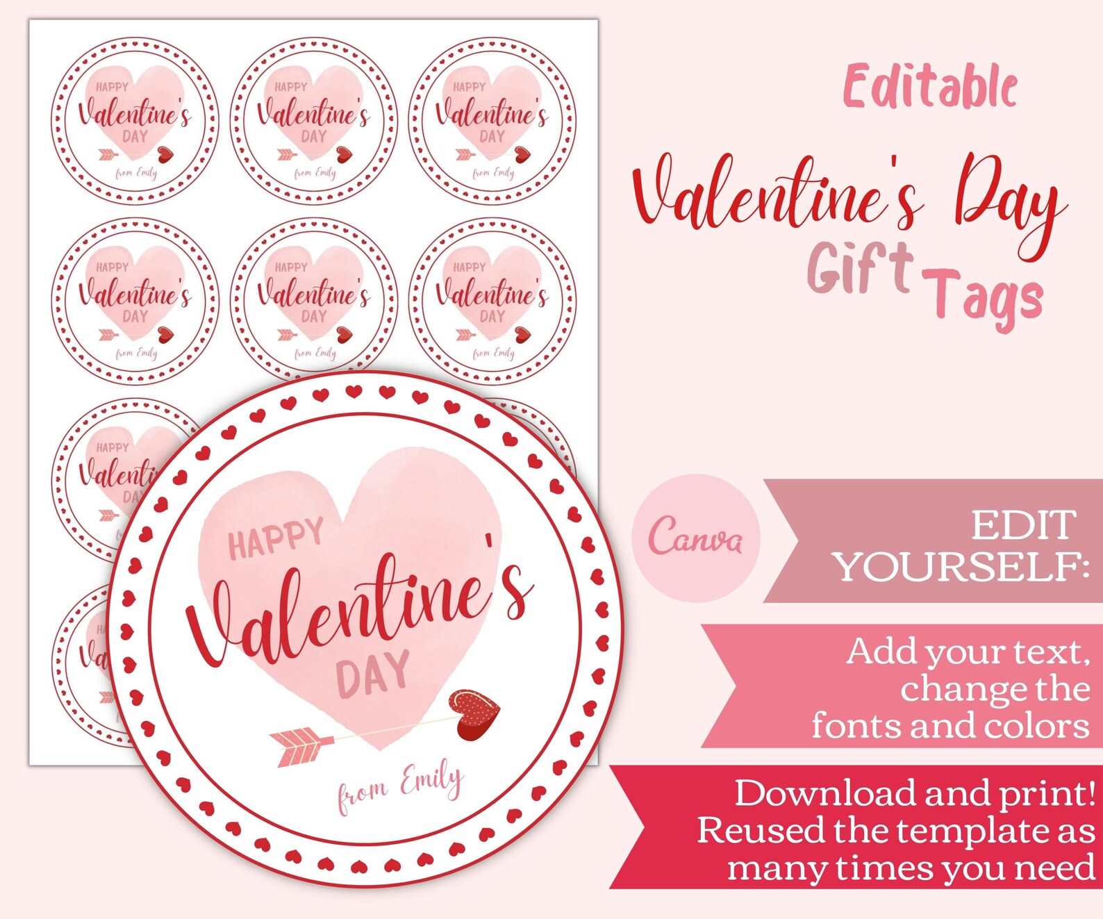 Editable and Printable Valentines Gift Tags Template. | Etsy