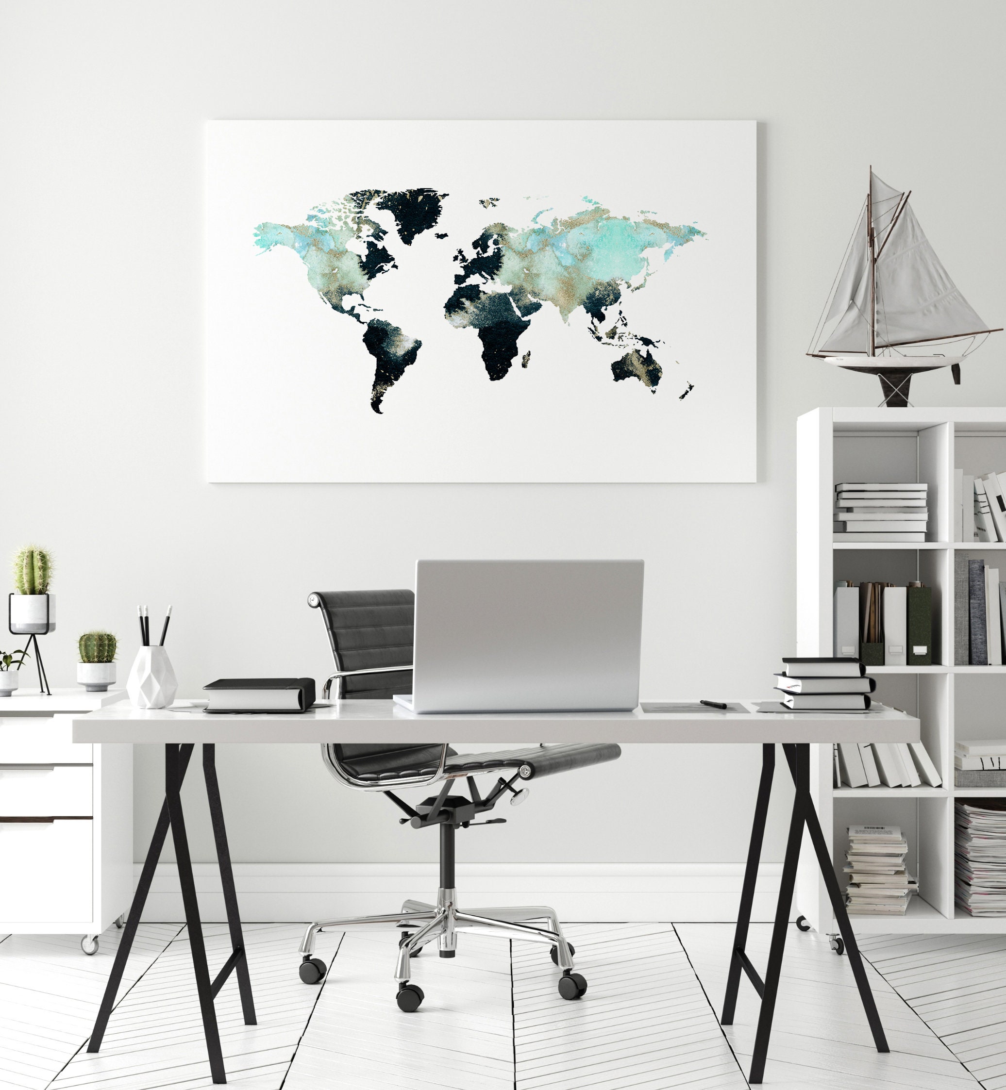 Printable Gold and Blue World Map Print. Modern Watercolor | Etsy