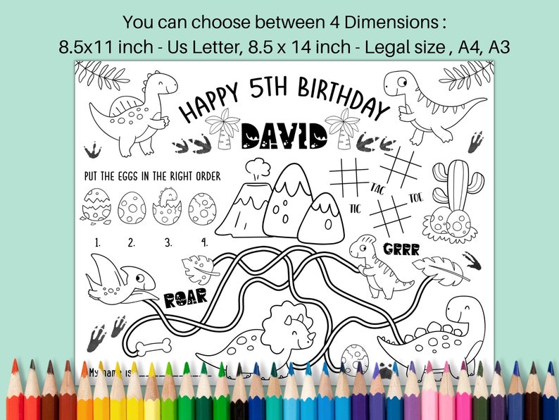 Personalized Cute Dinosaur Birthday Coloring Placemat for Kids - Etsy