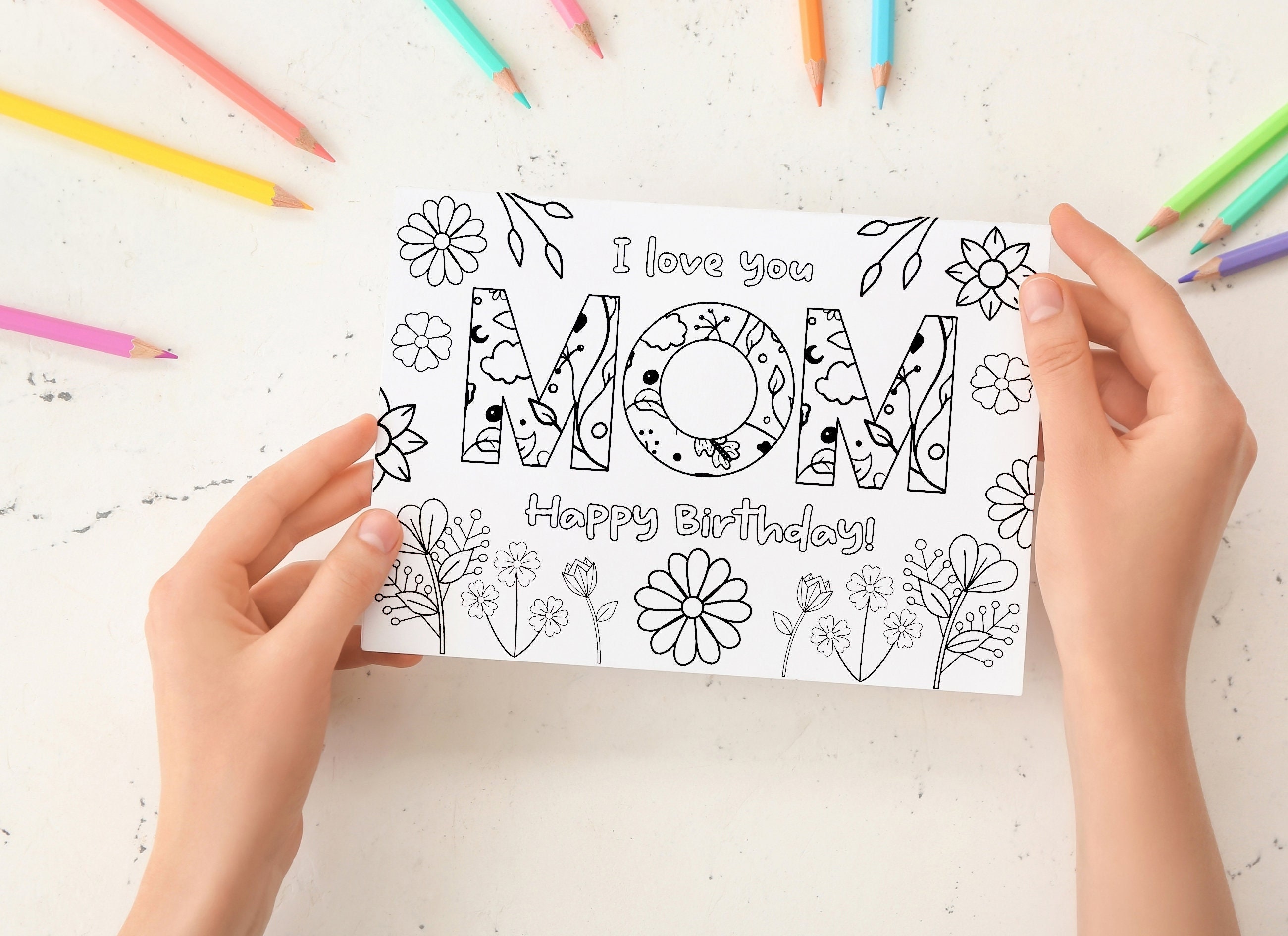 Printable Coloring Birthday Card for Mom. Cute Mom Birthday | Etsy