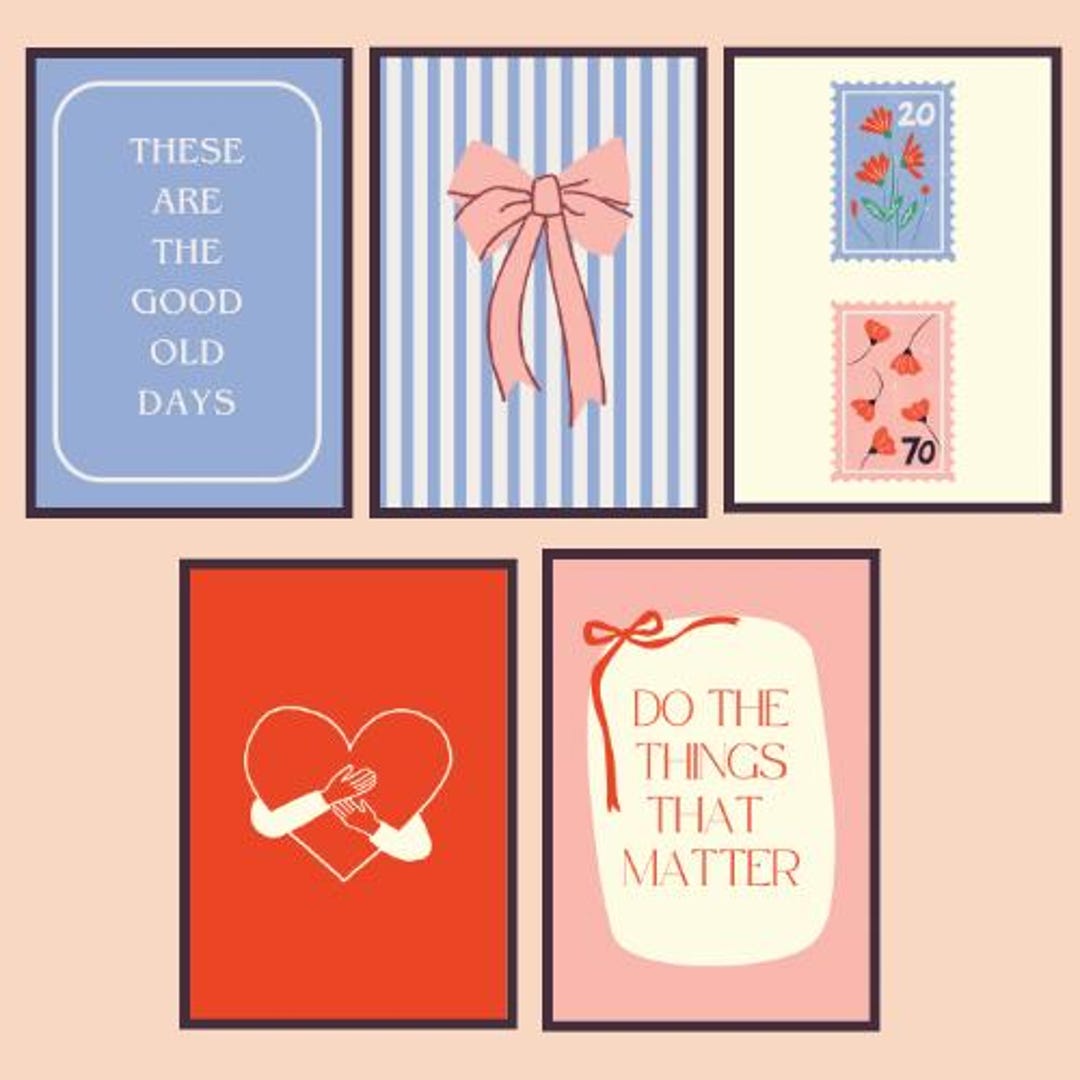 Set of 5 Wall Posters, Girl Wall Decor, Blue, Pink and Red Designs ...