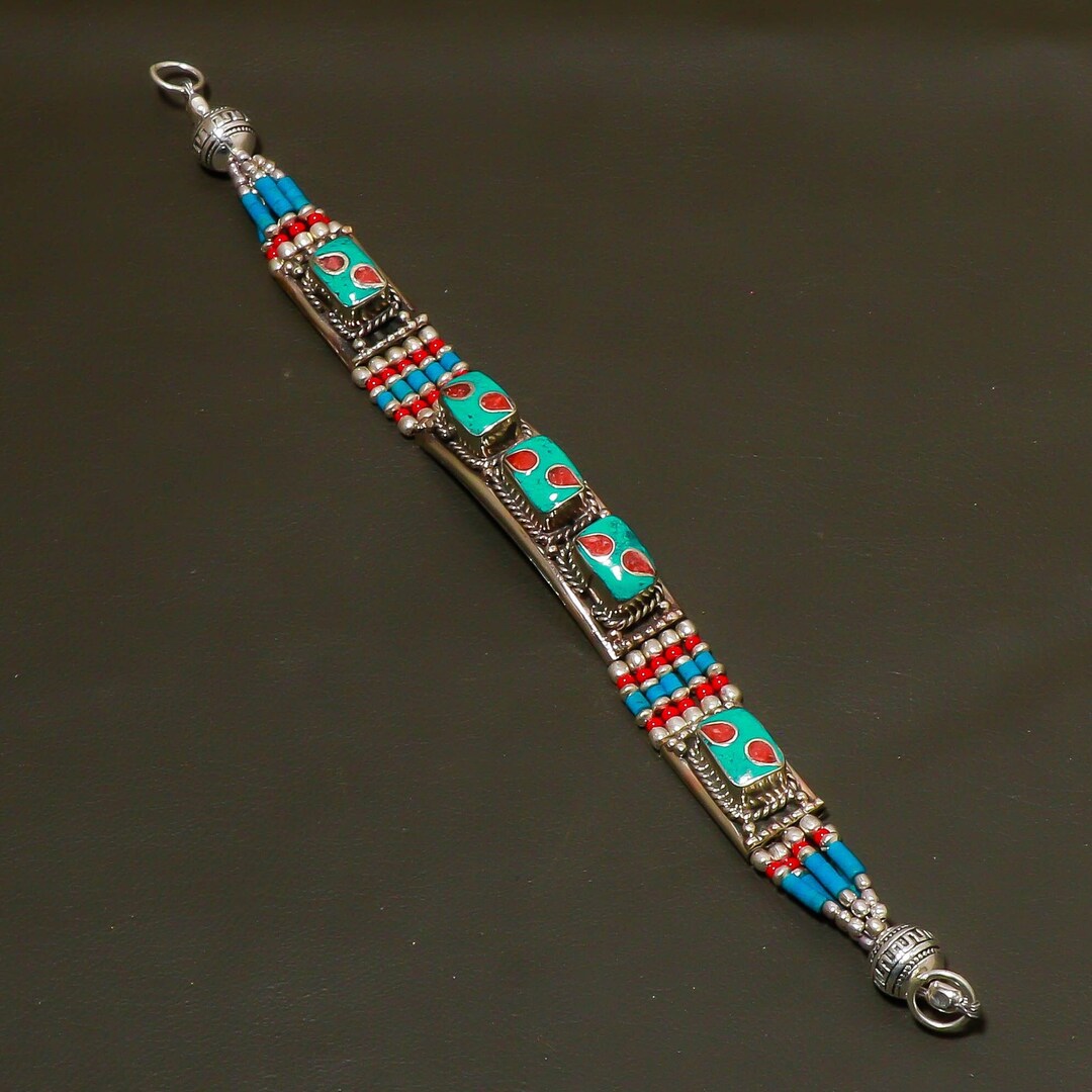 Red Coral, Tibetan Turquoise, Nepali Bracelet, Beaded Bracelet, 925 ...
