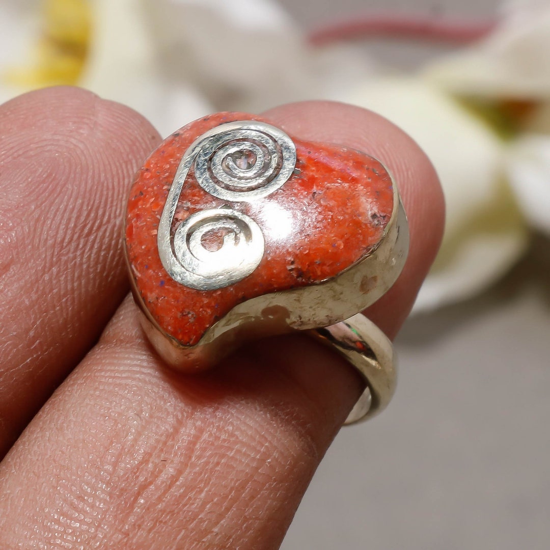 Vintage Style Red Coral Ring, Gemstone Nepalese Ring, Bohemian Nepali ...