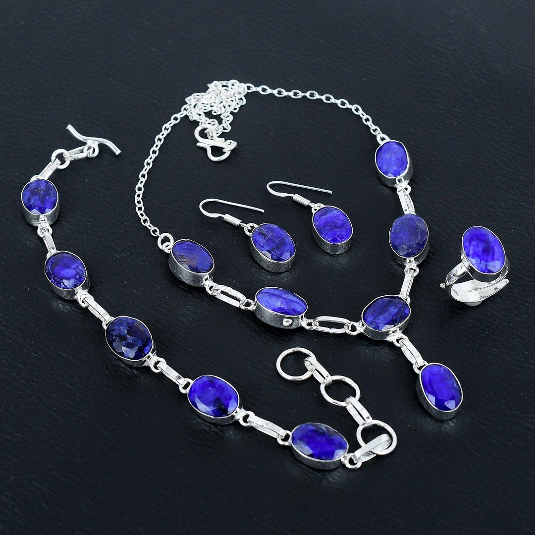 Faceted Blue Sapphire Jewelry Set Necklace Bracelet Ring Earrings 925 ...