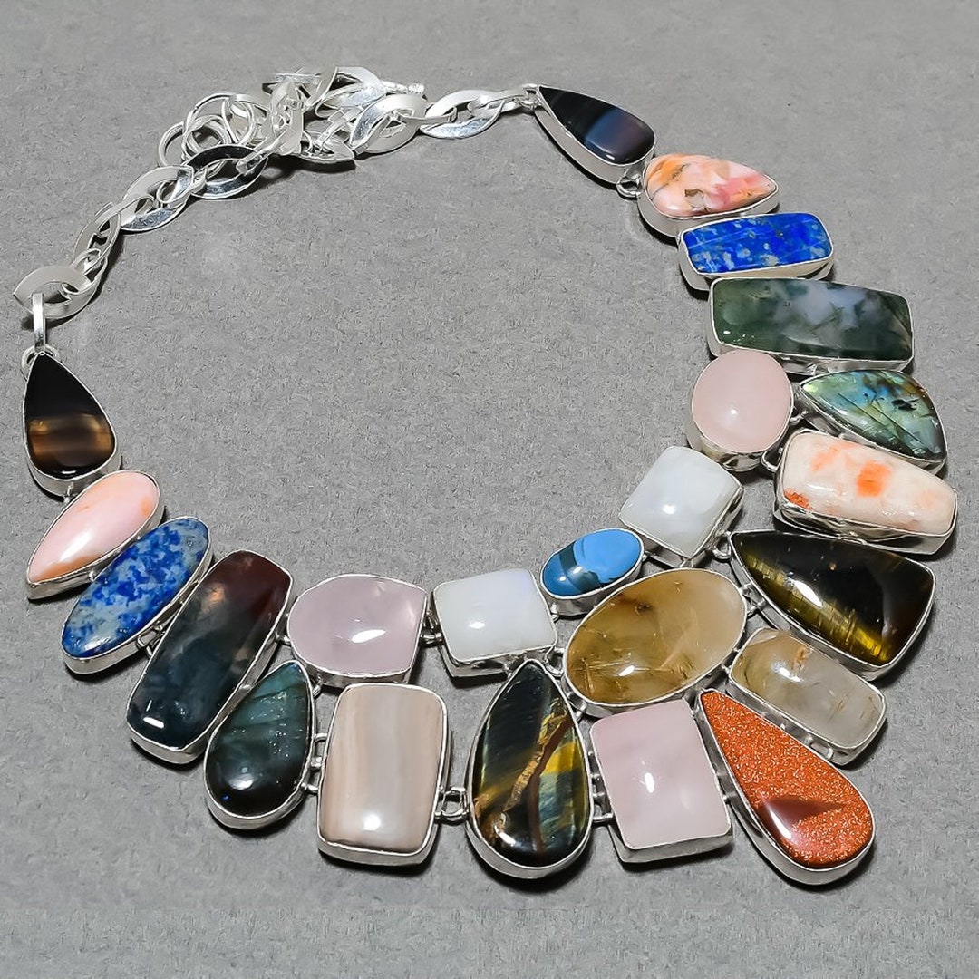 Multi Gemstone Necklace Multi Stone Jewelry 925 Sterling Silver ...