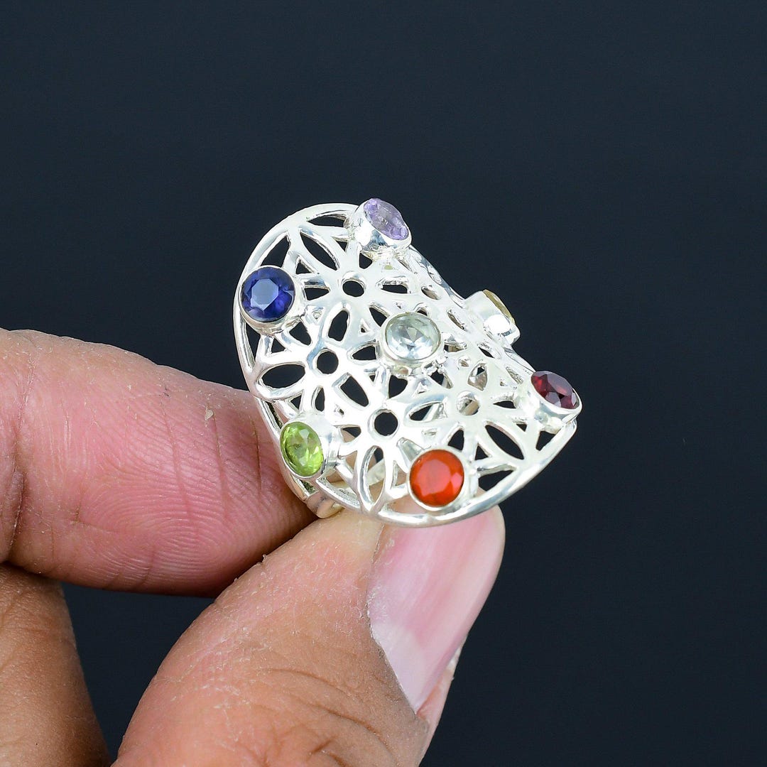Multi Cut Stone Ring 925 Sterling Silver Ring Natural Gemstone Round ...