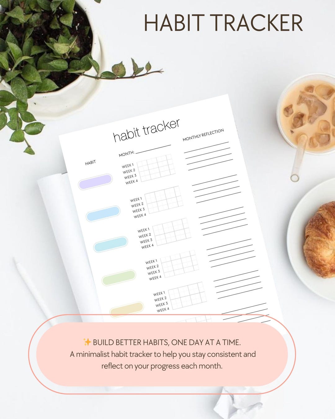 Habit Tracker Printable | 6 Habits Weekly Tracker | Monthly Reflection ...