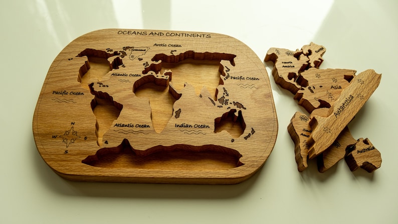 Wooden World Map Puzzle / Handmade/ Natural/ Finished With Linseed Oil ...