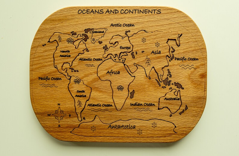 Wooden World Map Puzzle / Handmade/ Natural/ Finished With Linseed Oil ...