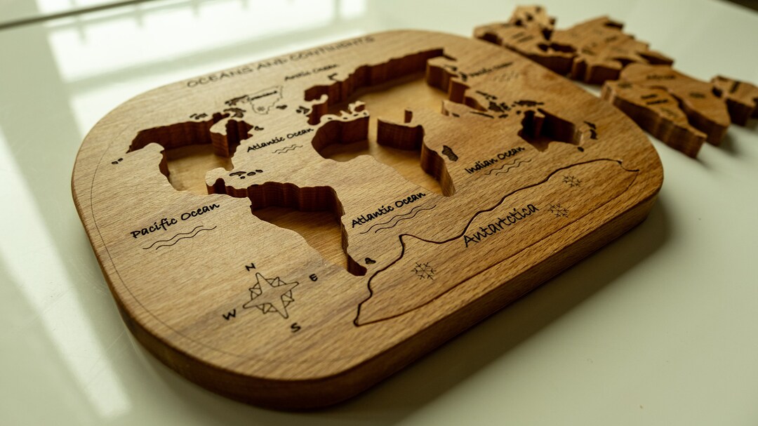 Wooden World Map Puzzle / Handmade/ Natural/ Finished With Linseed Oil ...
