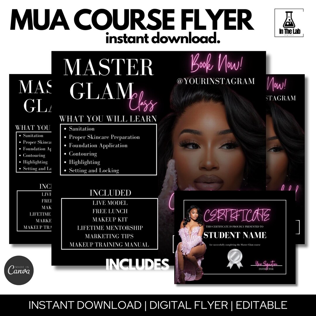 Makeup Glam Class Flyer Template With Certificate (digital Download) - Etsy