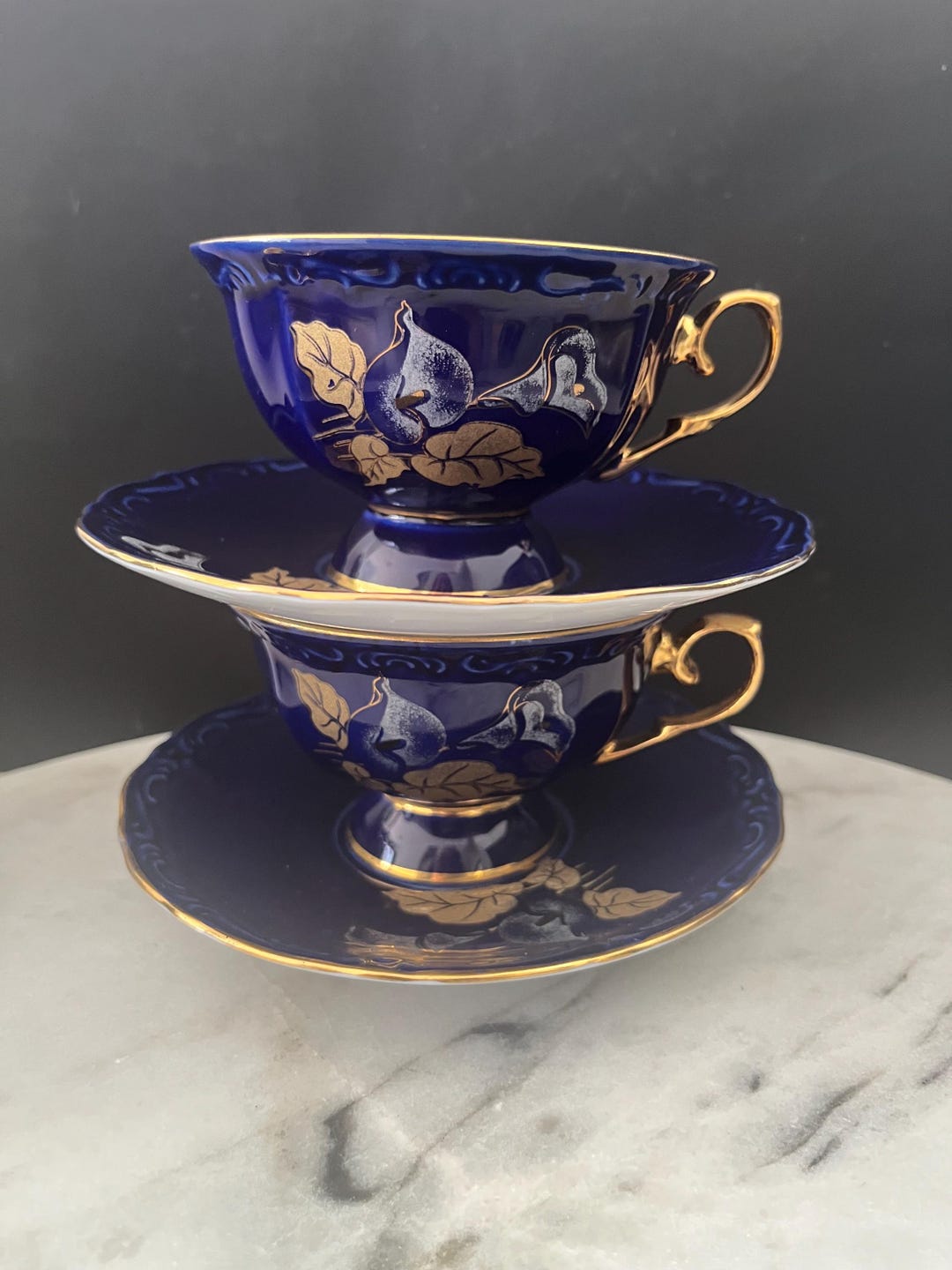 Vintage Apulum Blue and Gold High Tea Cups(2) With Saucers, Beautiful ...