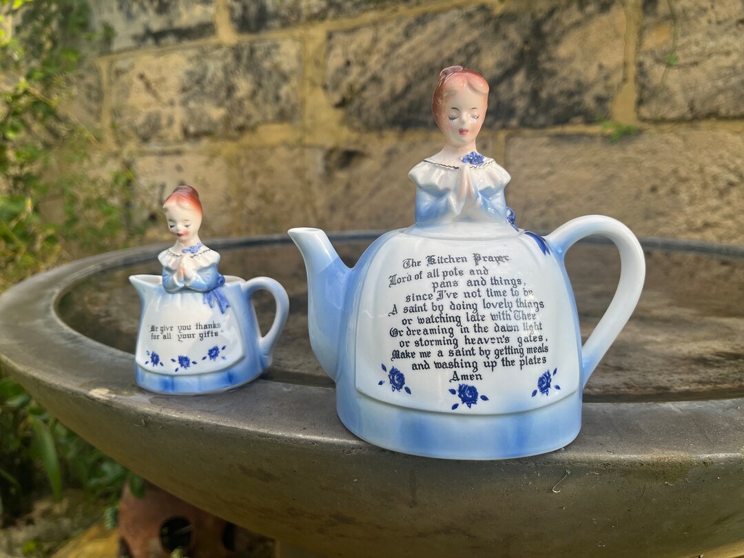 Midcentury Enesco Blue Prayer Lady Teapot and Milk Jug, Rare Blue ...