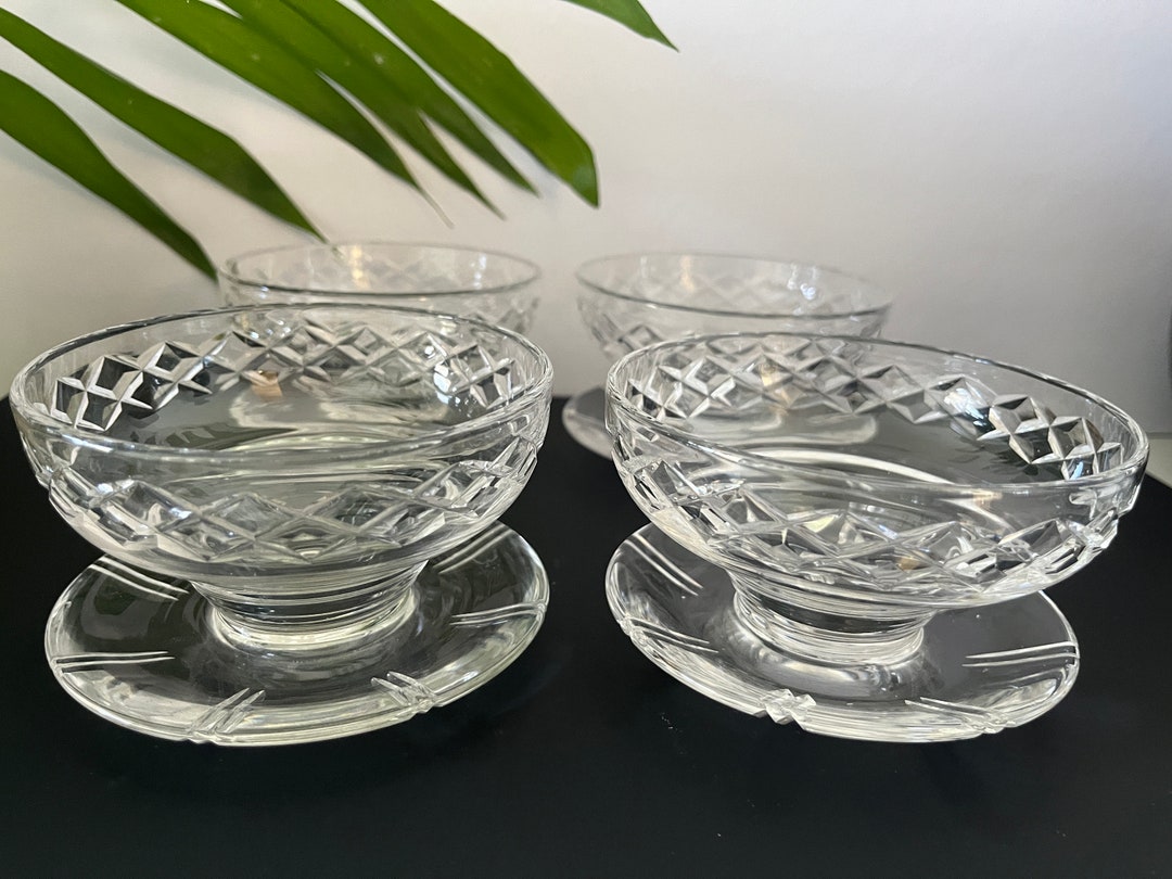 Art Deco Stuart Crystal Sundae Bowls With Saucers, Crystal Dessert Set ...
