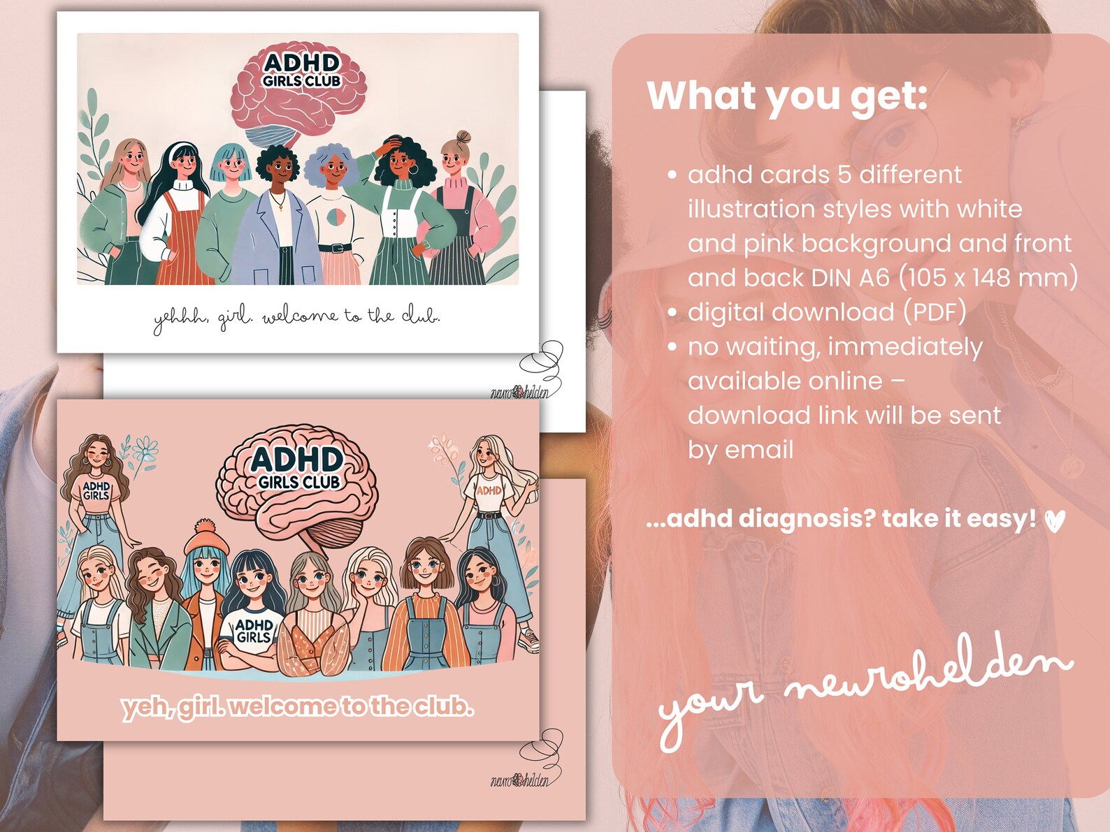 5 ADHD Girls Club Cards A6 | Diagnosis Digital Download (PDF) | Brain ...