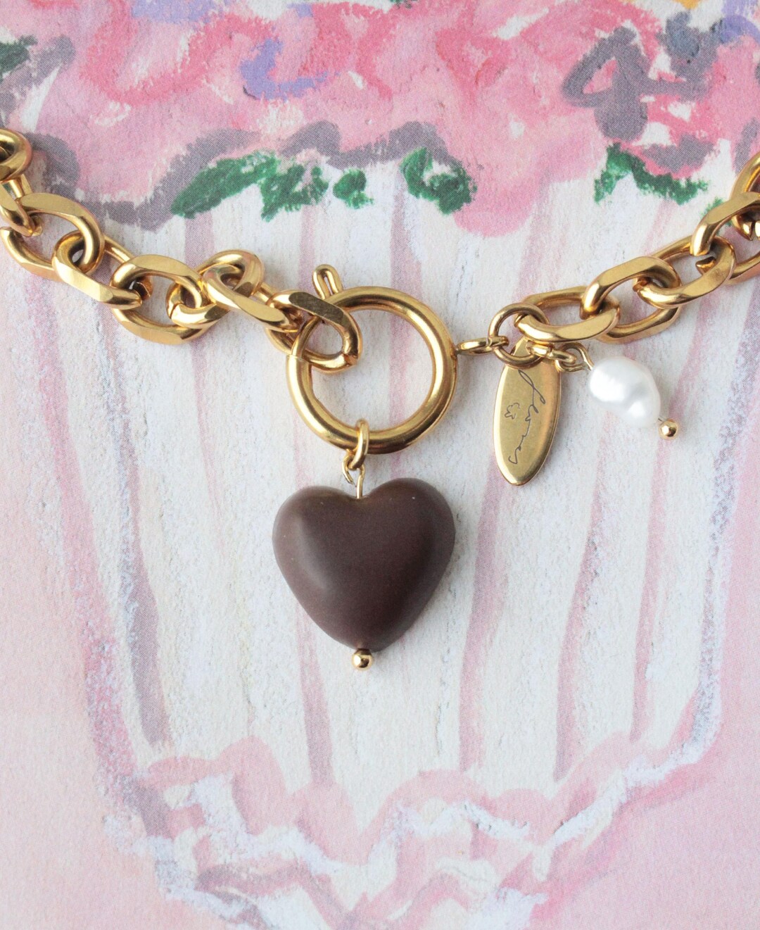 Chocolate Brown Heart Necklace, Polymer Clay Pendant, Thick Chain - Etsy