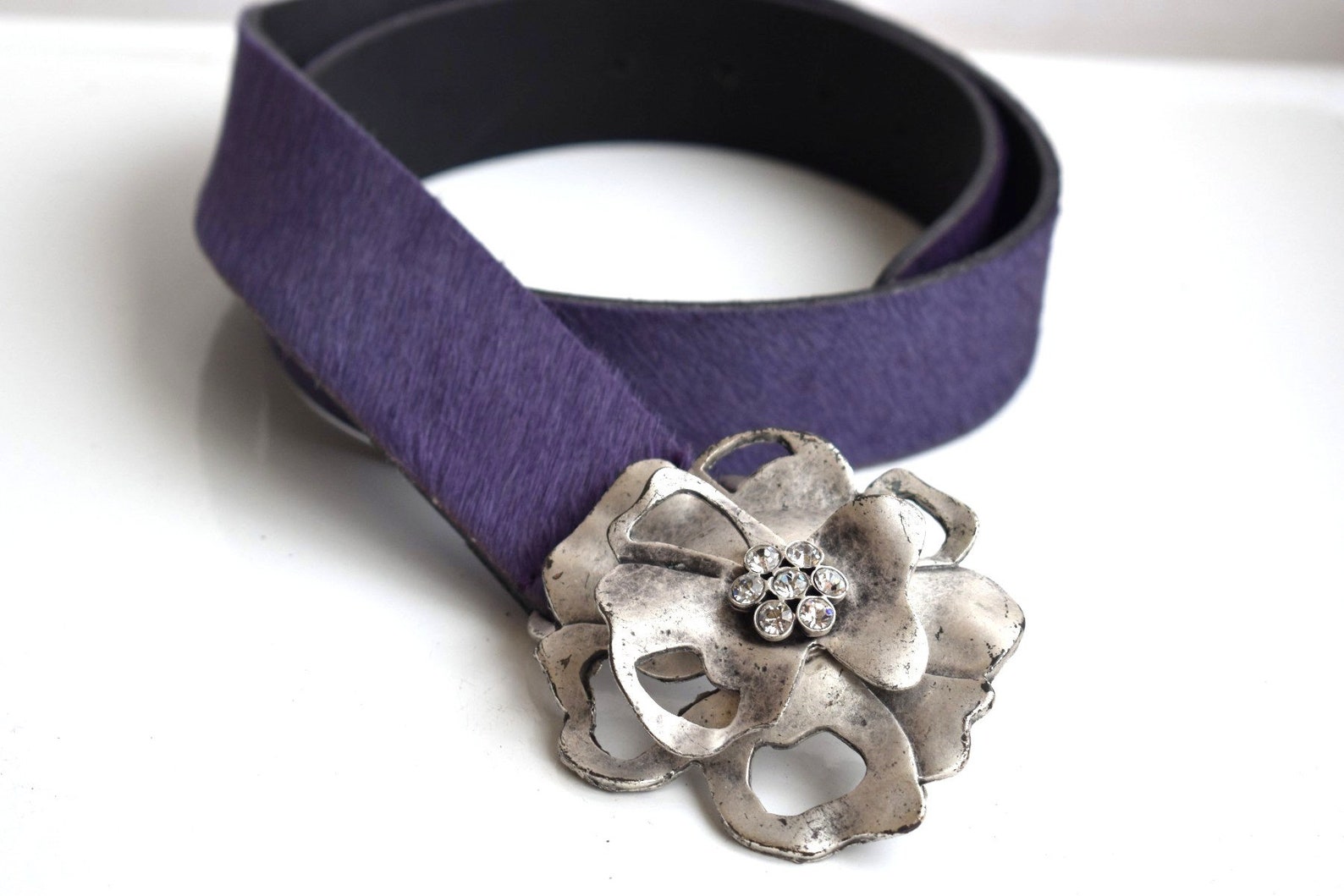 Vintage Purple Genuine Leather Wide Belt Solid Metal Silver Flower ...