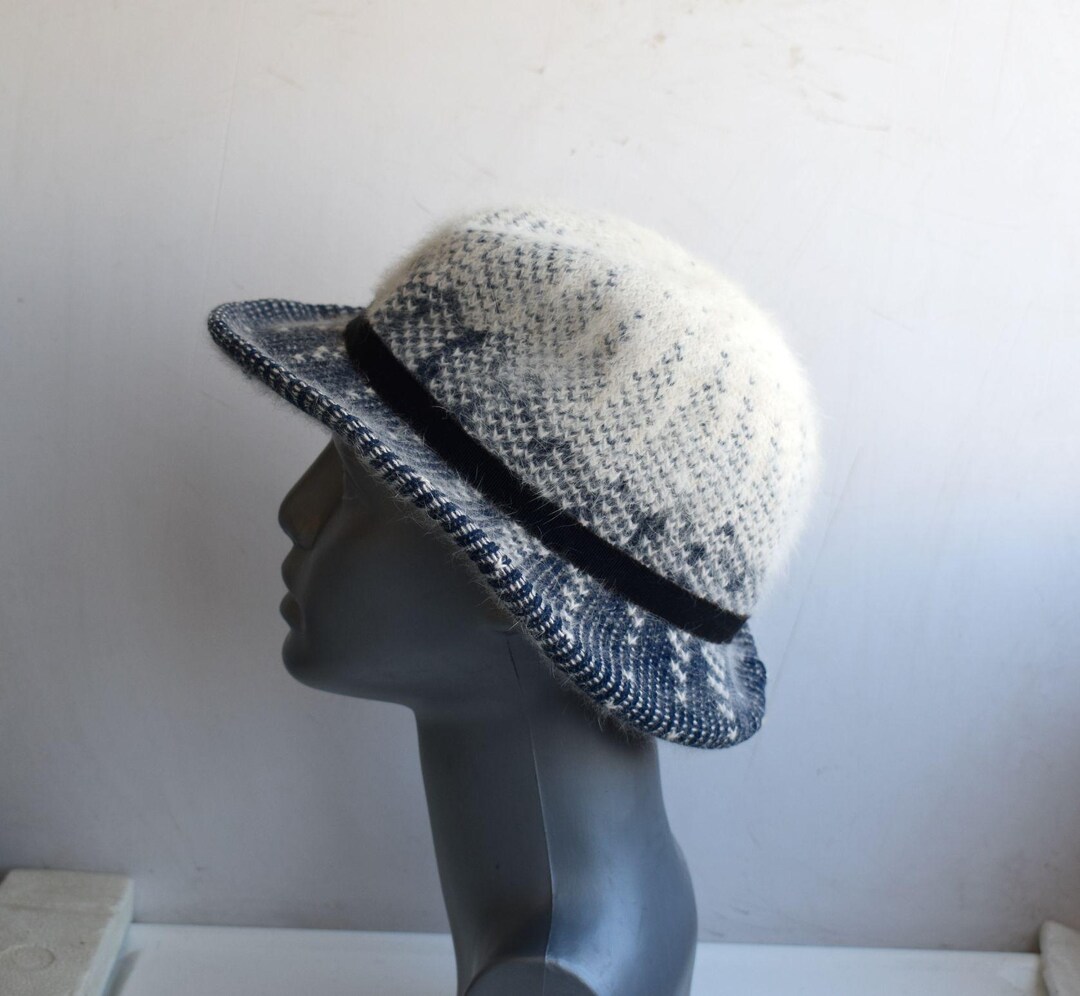 Vintage Blue White Fedora Hat One Size Women Accessory Polyester ...