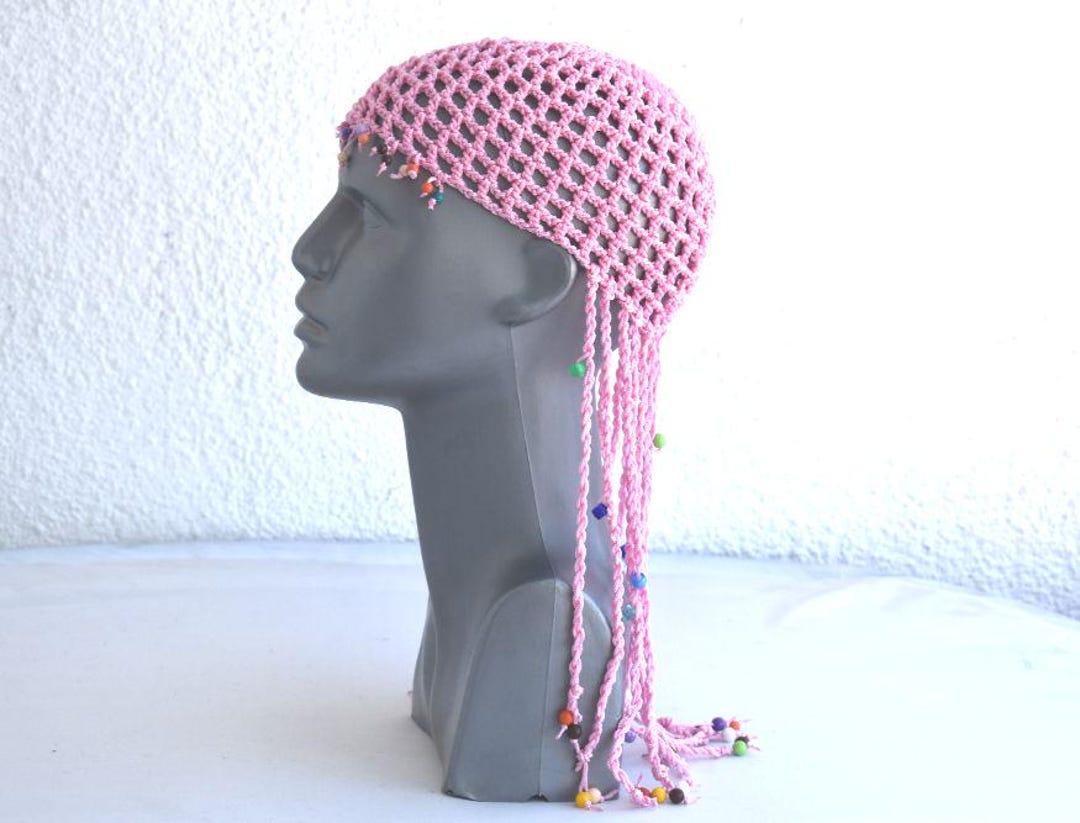 Vintage Kufi Hat Topee Pink Thread Fringes Knitted Padded Prayer Cap ...