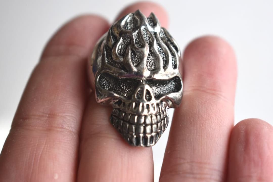 Vintage Biker Ring Ghost Rider Large Scull on Fire Flaming Skeleton ...