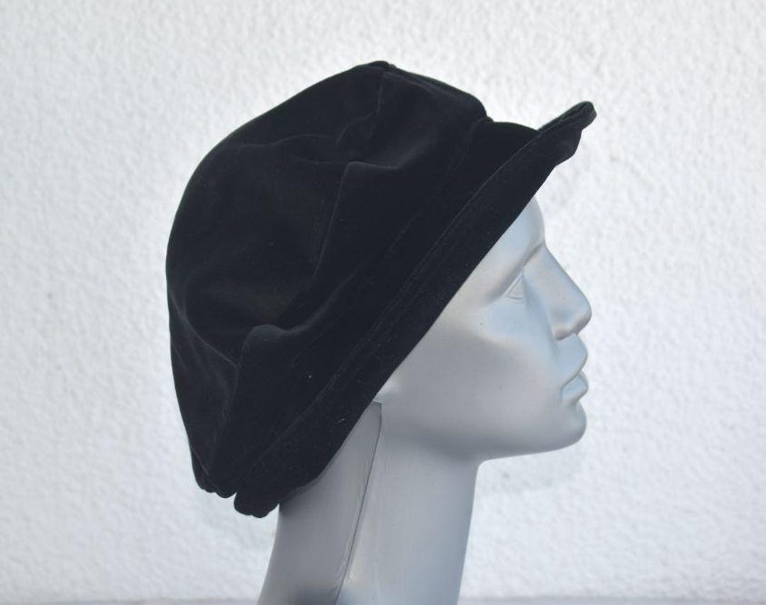 Vintage Black Velvet Bucket Cloche Hat Wide Brim Germany Fashion Women ...