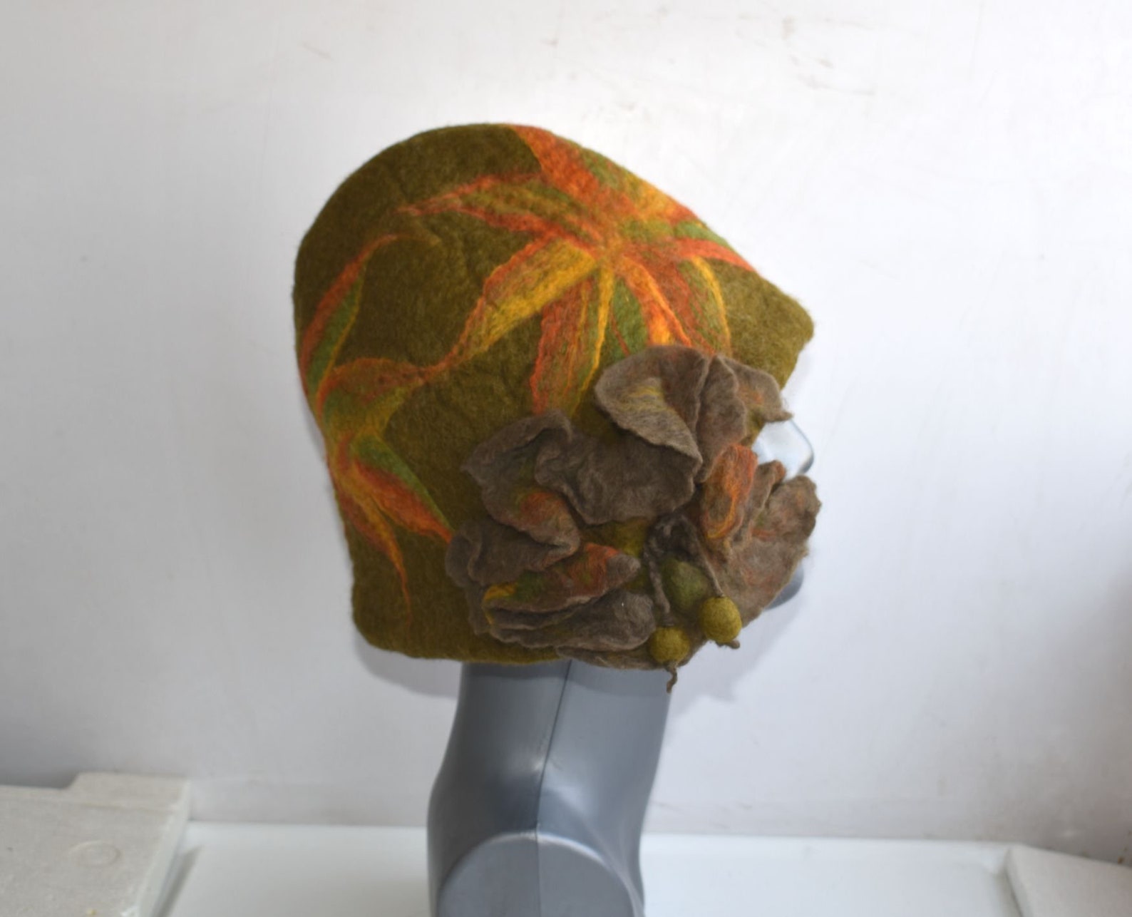 Vintage Autumn Felted Felt Wool Hat Green Orange Handmade Women's ...