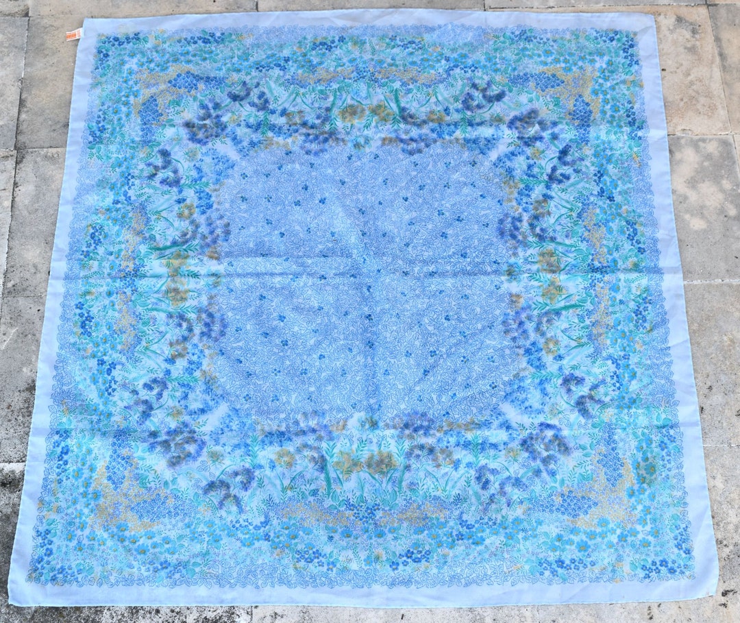 Vintage 31" X 30" Blue Flowers Floral Italy Scarf Headscarf Square Neck ...