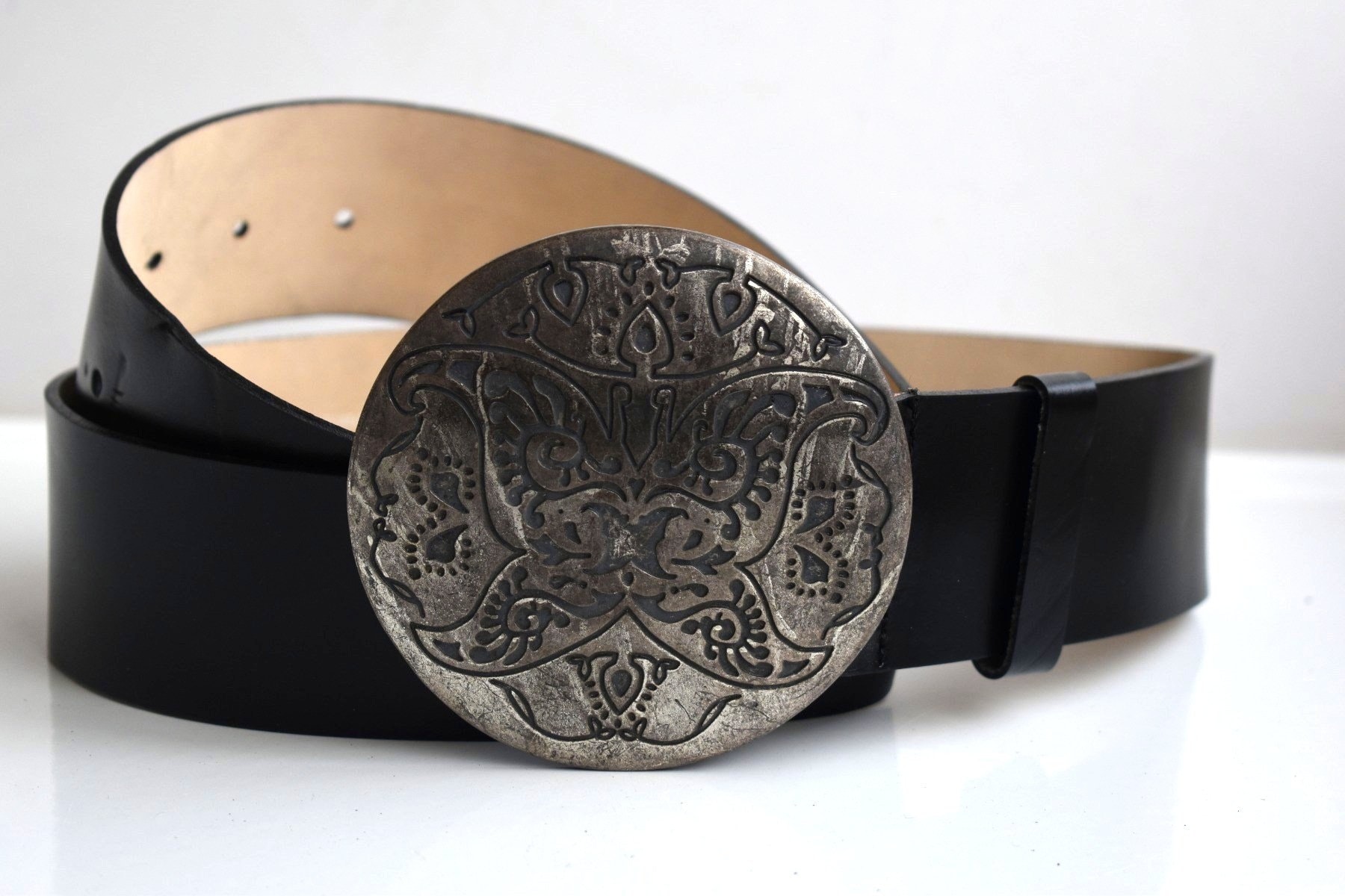 Vintage Black Genuine Leather Wide Belt Solid Metal Ancient Silver ...