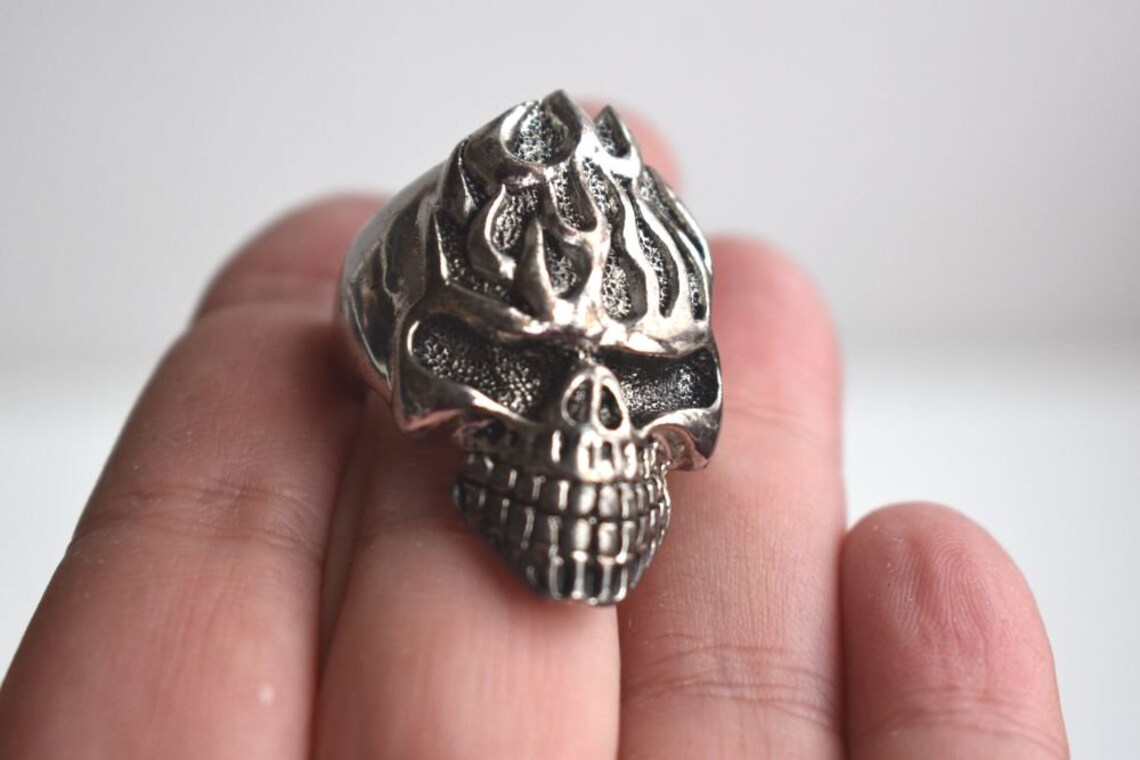 Vintage Biker Ring Ghost Rider Large Scull on Fire Flaming Skeleton ...