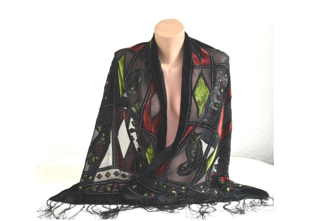 Vintage Long Wide Scarf Shawl Wrap Black Red Paisley Large Shawl India ...