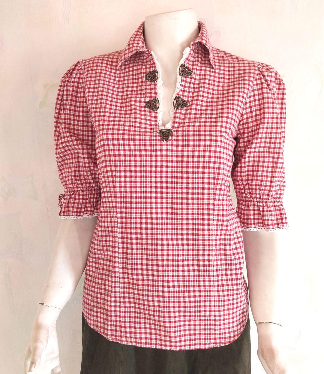Vintage Traditional German Dirndl Blouse, Red White Plaid Gingham ...