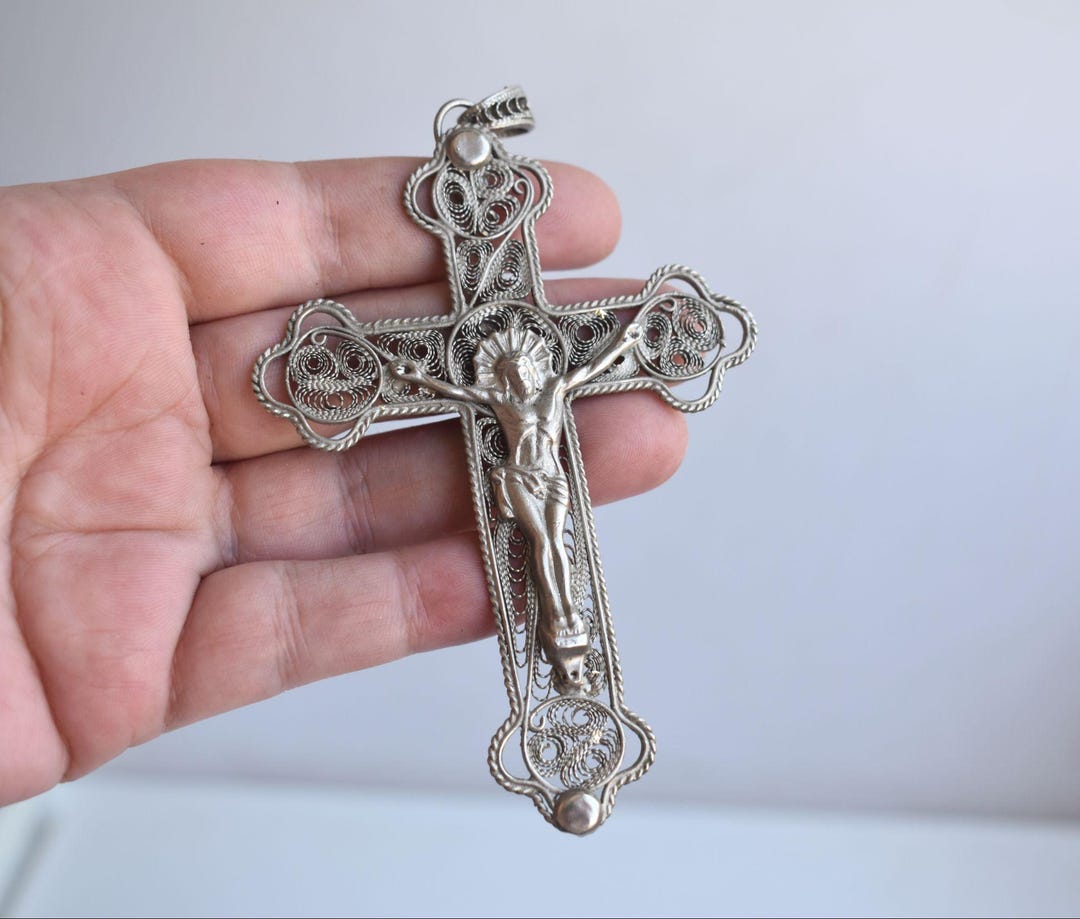 Vintage 4.3" Silver Plated Filigree Catholic Christian Crucifix Cross ...