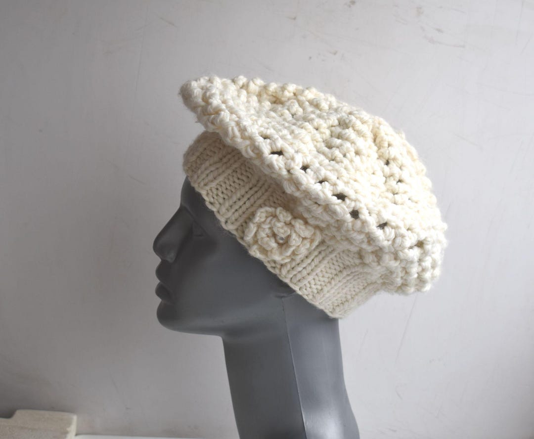 Boina vintage de crochê em lã virgem, tamanho único, off-white, estilo ...