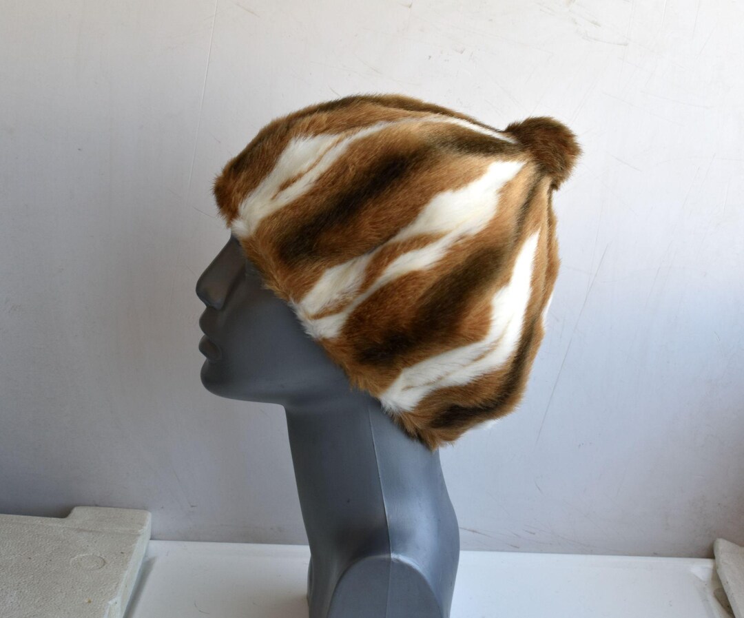 Vintage Beret Real Fur Winter Hat White Brown USSR Russian Soviet One ...