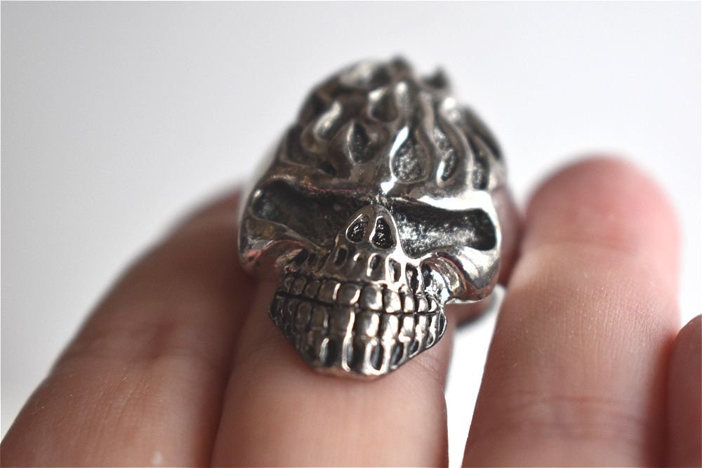 Vintage Biker Ring Ghost Rider Large Scull on Fire Flaming Skeleton ...