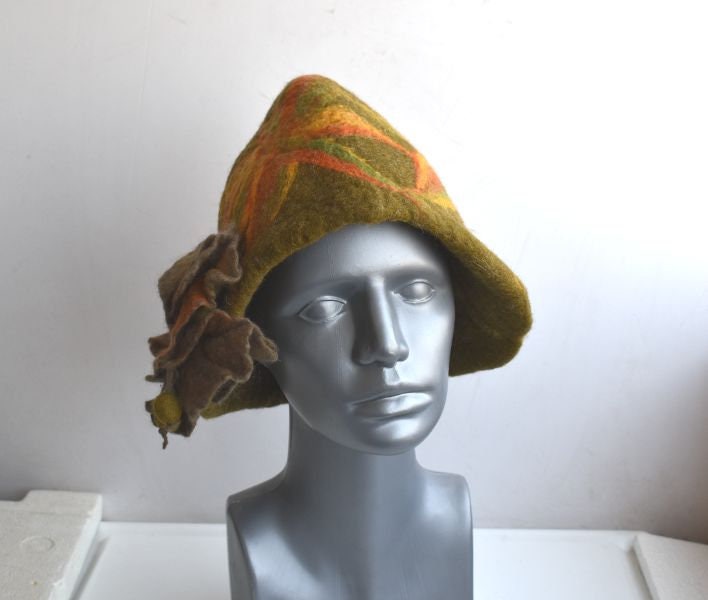 Vintage Autumn Felted Felt Wool Hat Green Orange Handmade Women's ...