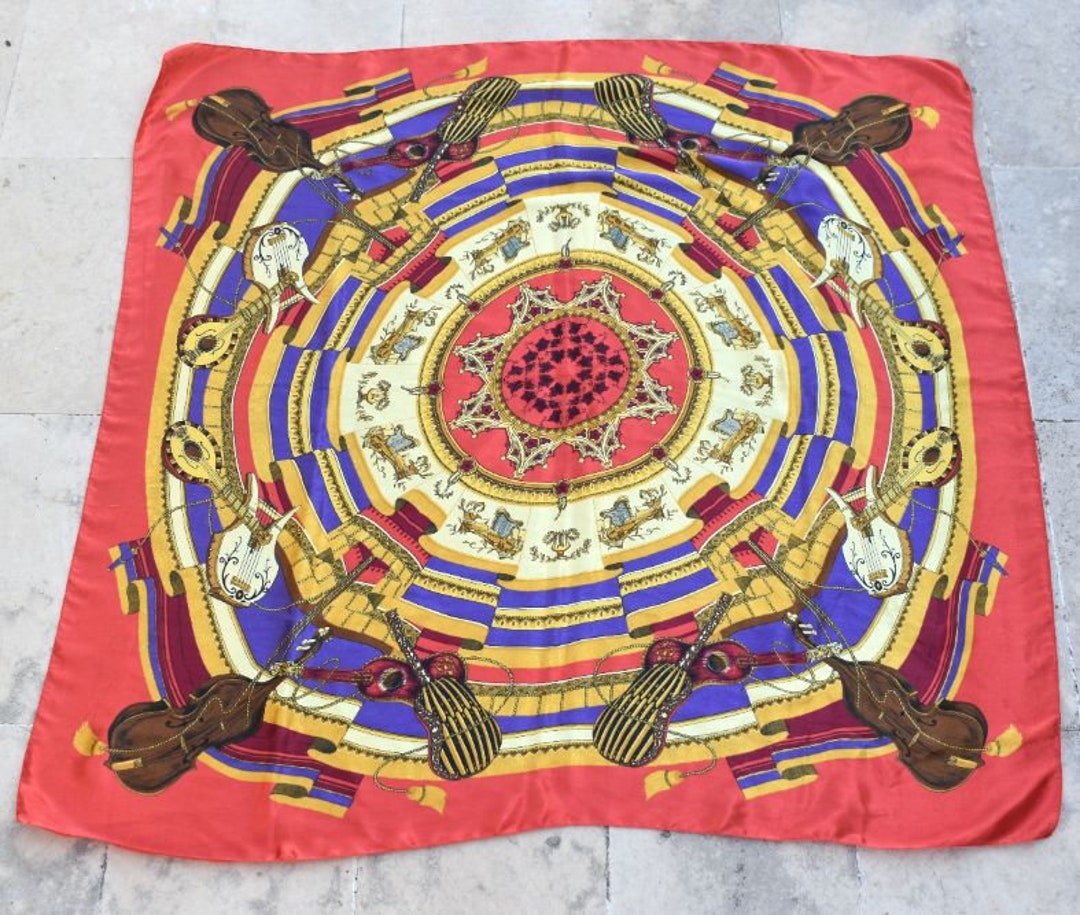 Vintage 34" X 34" Red Yellow Music Instruments Scarf Headscarf Square ...
