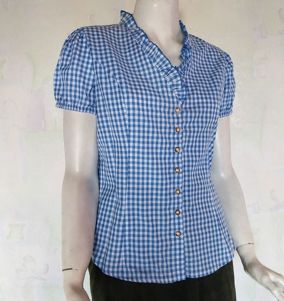 Vintage ALPIN Traditional German Dirndl Blouse, Blue Gingham Blouse ...