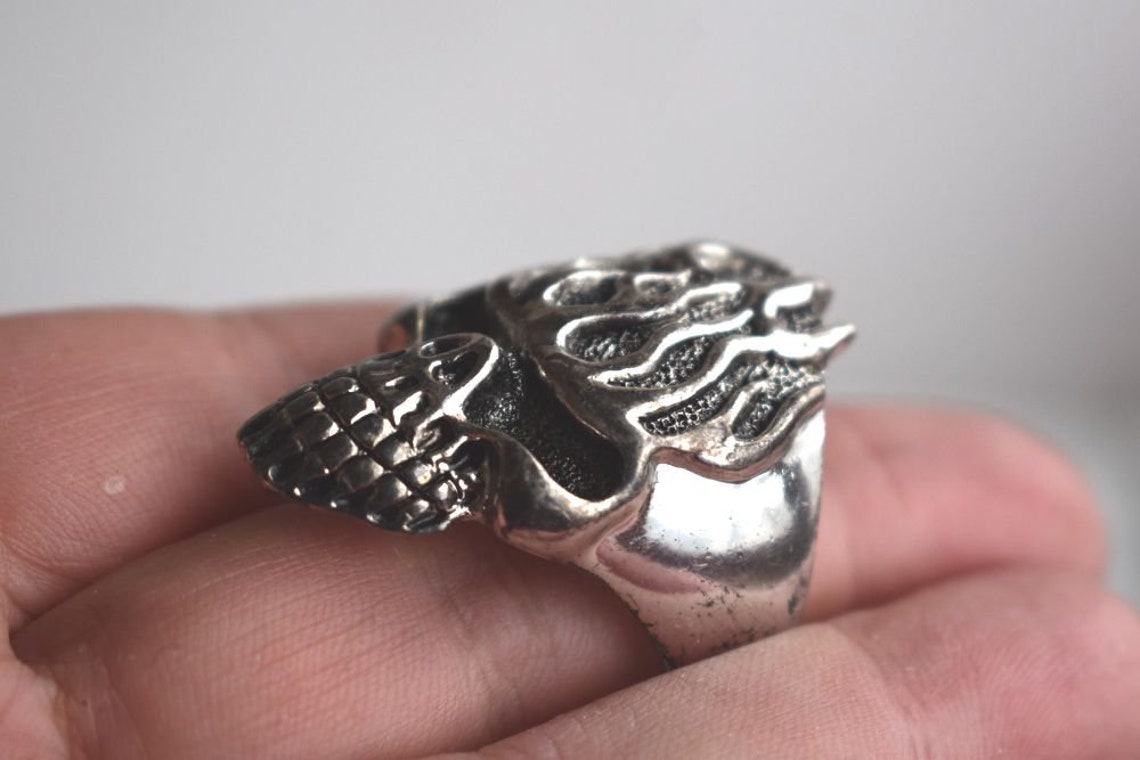 Vintage Biker Ring Ghost Rider Large Scull on Fire Flaming Skeleton ...
